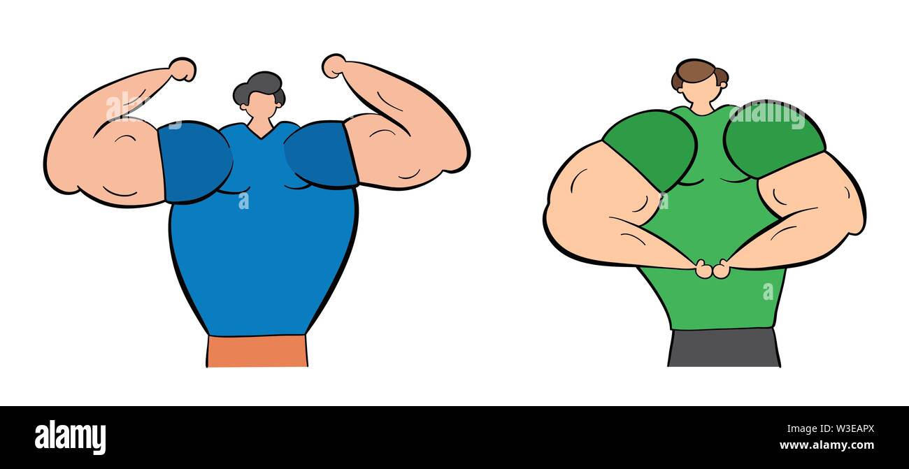 Muscular men show their muscles, hand-drawn vector illustration. Black ...
