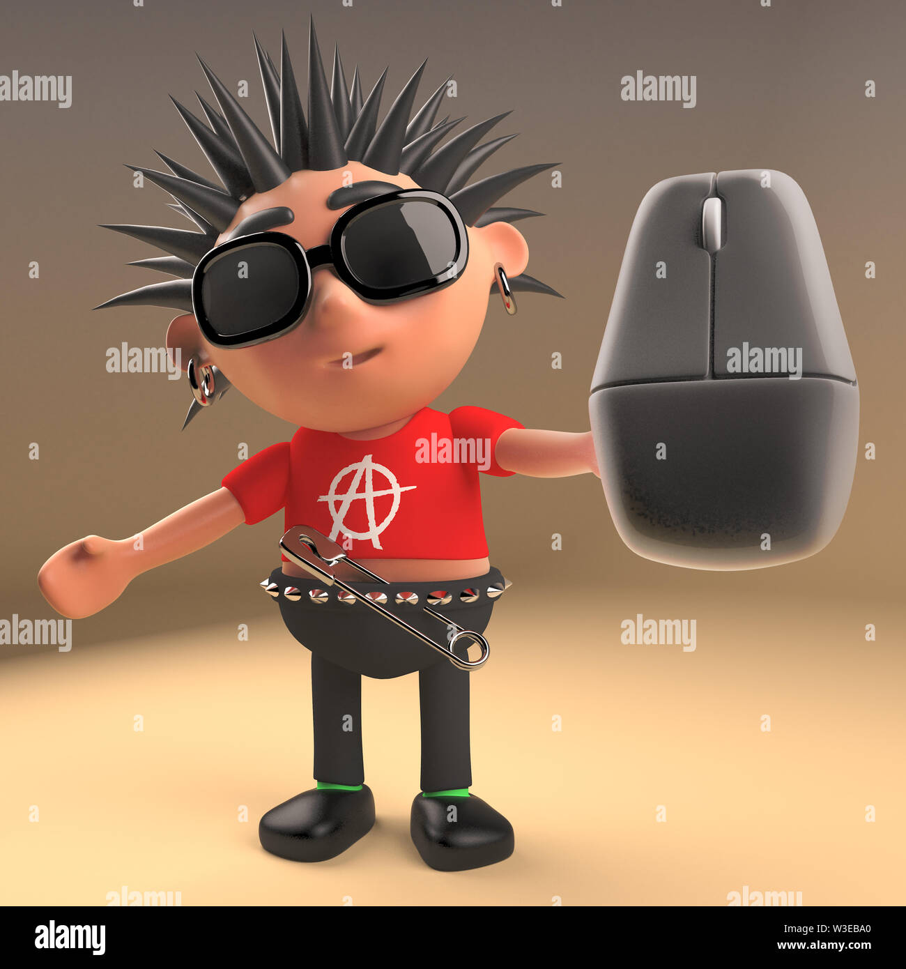 Cartoon 3d punk rocker with spikey hair holding a computer mouse, 3d ...