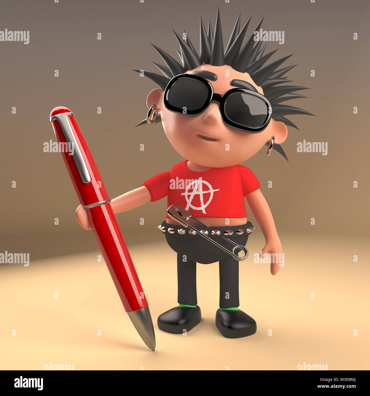 Cool punk rocker with spikey hair holding a red pen, 3d illustration ...