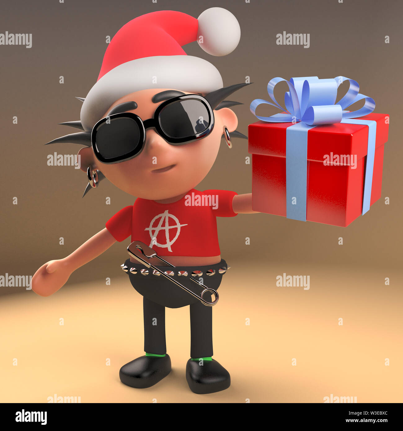 Silly 3d punk rock character with spikey hair and Santa hat holding a ...