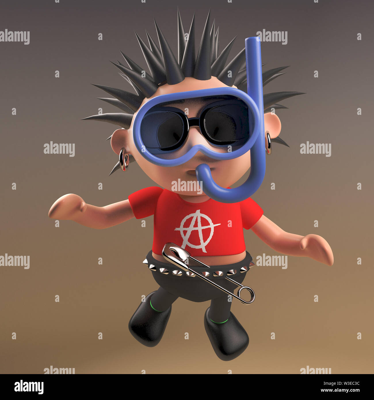 Silly 3d punk rocker with spikey hair goes diving with a snorkel and ...