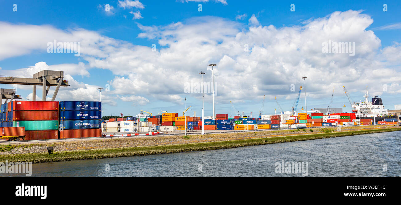 Rotterdam harbor, Netherlands. July 2nd, 2019. Panorama of ...