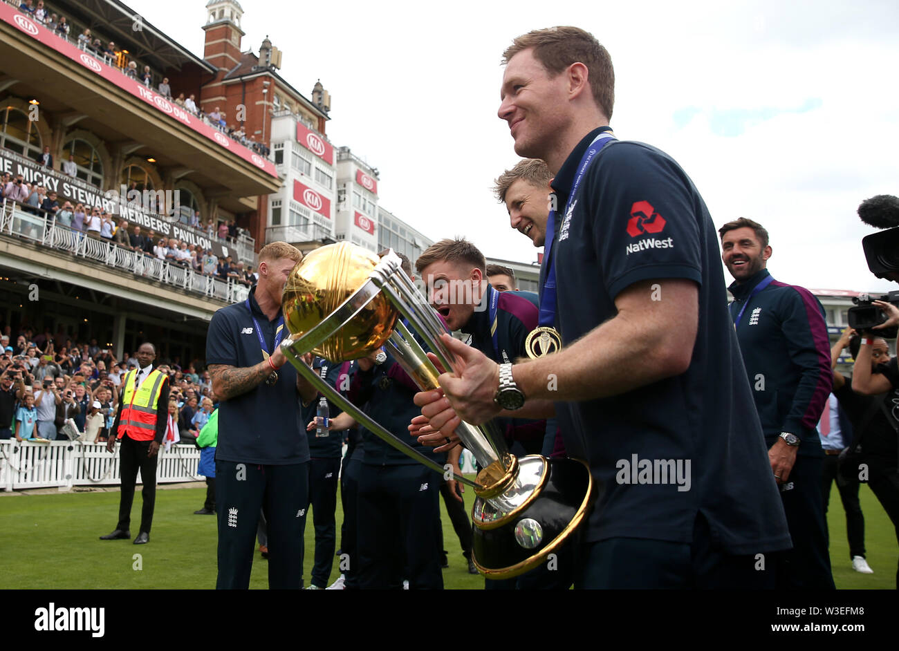 England's Eoin Morgan with the trophy during the World Cup celebrations ...