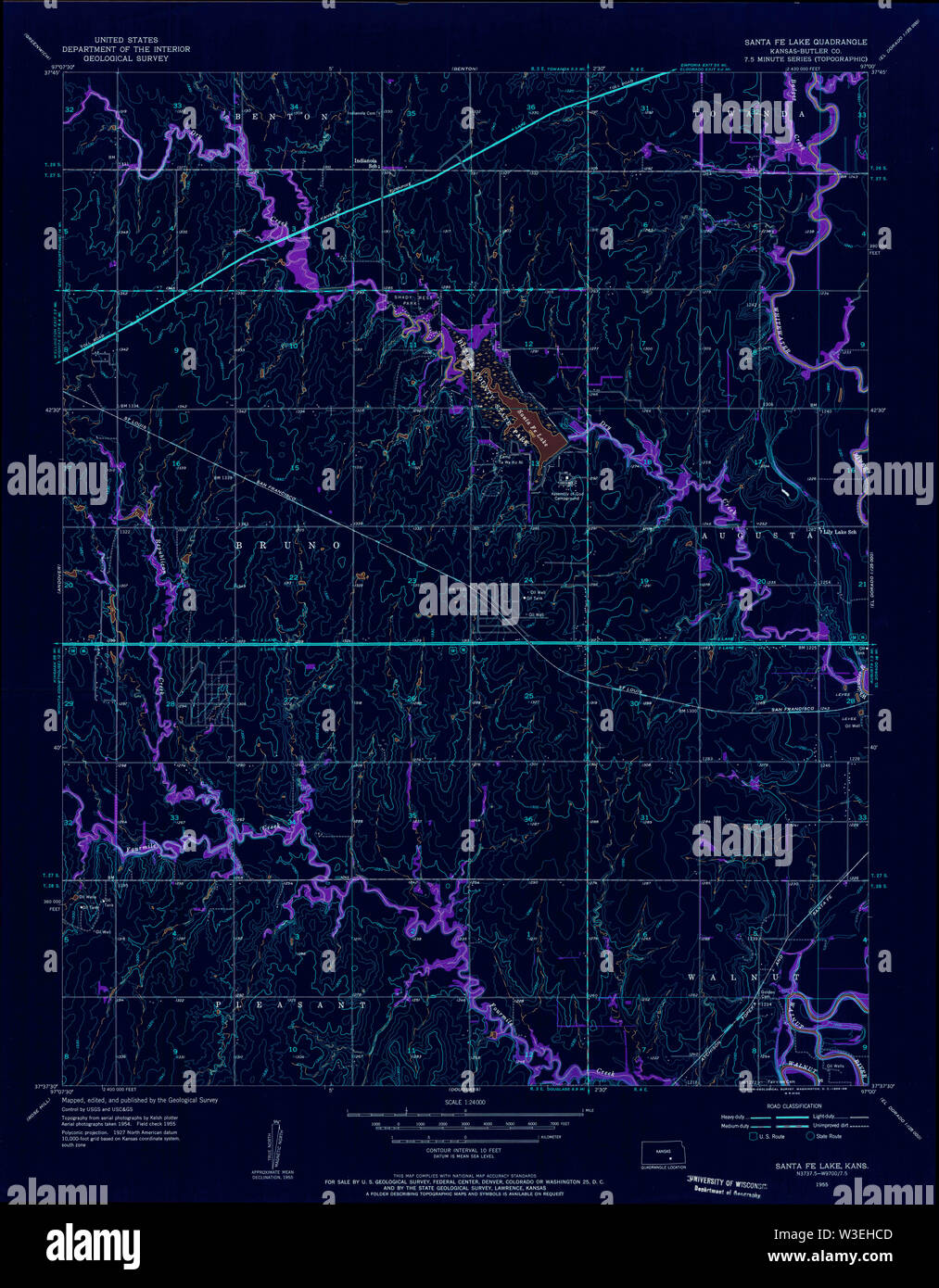 USGS TOPO Map Kansas KS Santa Fe Lake 512452 1955 24000 Inverted ...