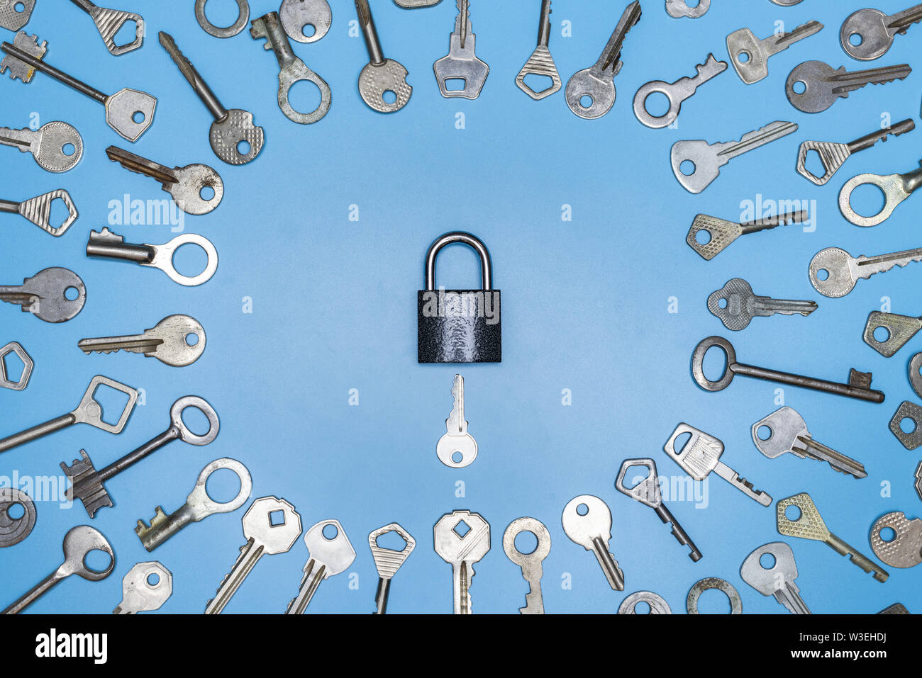 Keys set and lock concept, blue background. Protection of business and ...