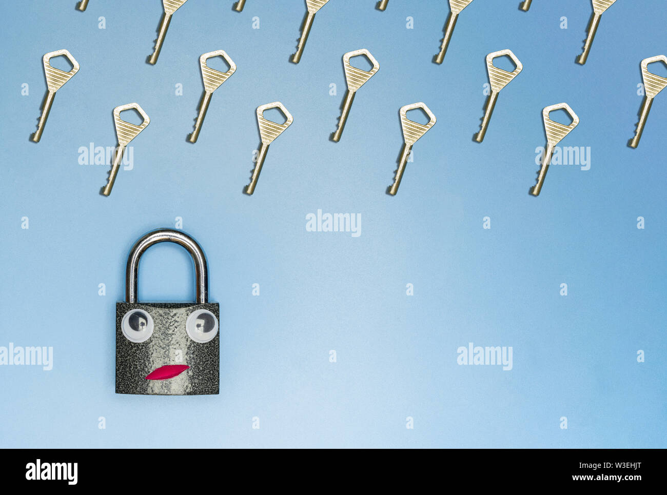 Key rain with lock funny concept, copy space, blue background. Hacking ...