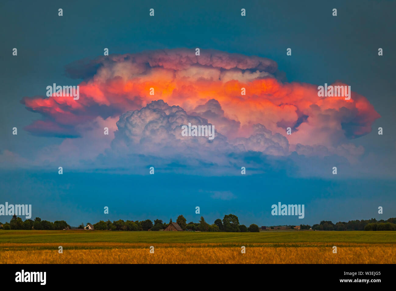 Severe pulse thunderstorm Cumulonimbus clouds iluminated by evening red ...
