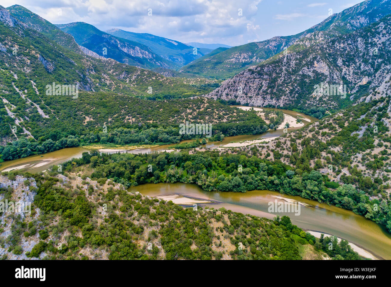 Aerial view of the river Nestos in Xanthi, Greece. The Nestos River ...