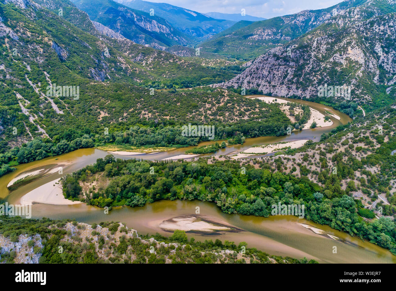 Aerial view of the river Nestos in Xanthi, Greece. The Nestos River ...