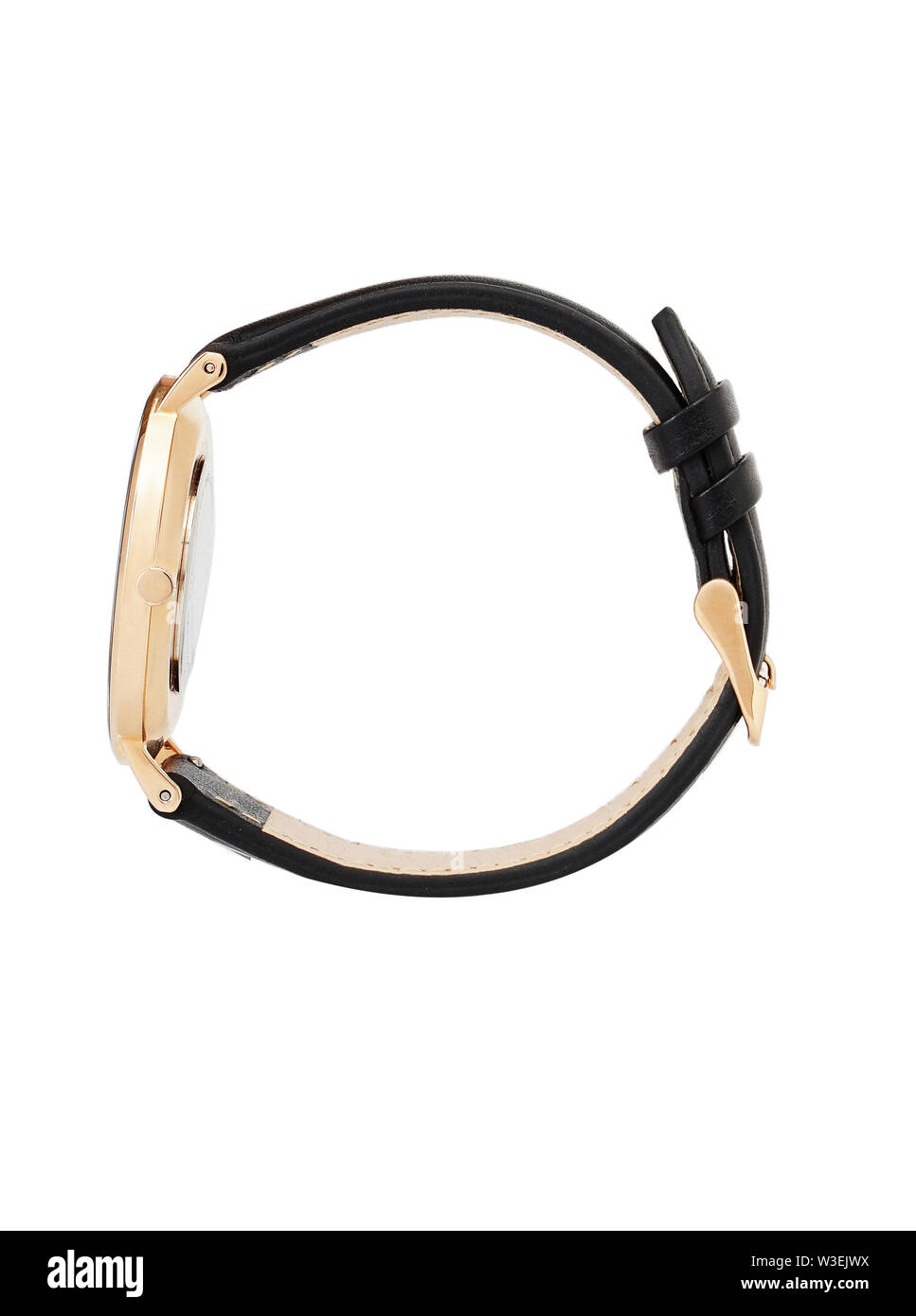 Classic women's gold watch with a black dial, leather strap, isolate on ...