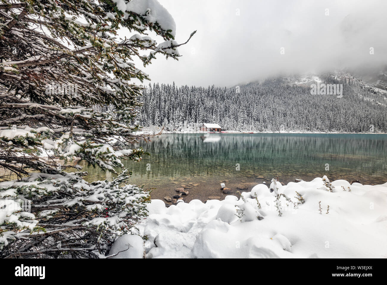 Lake Louise under heavy snow at Banff National Park, Canada Stock Photo ...