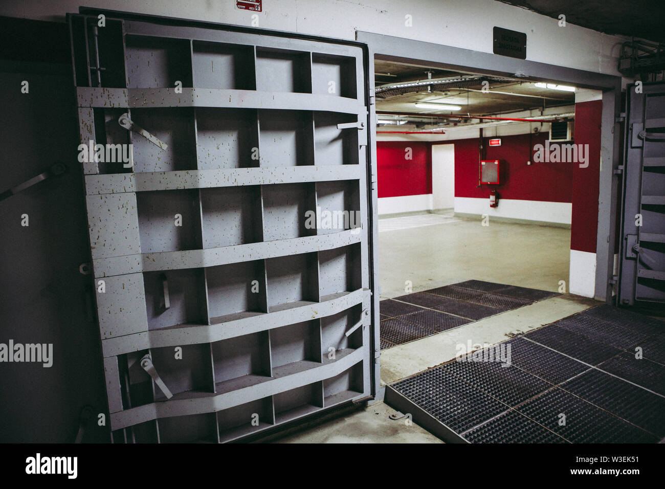 Details with the heavy metal doors of a nuclear explosion shelter ...