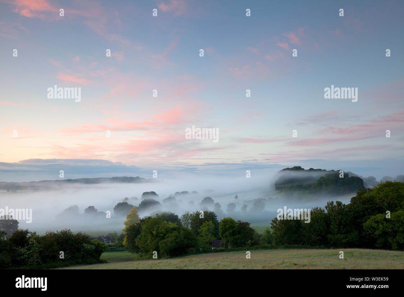 A layer of mist in the Nadder Valley at Sutton Mandeville in Wiltshire ...