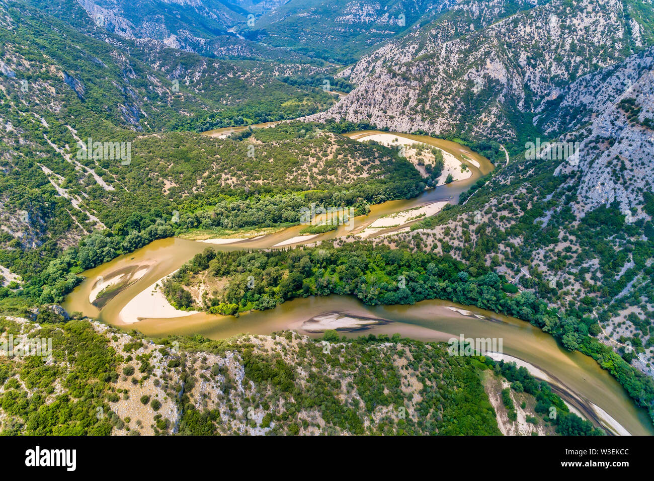 Aerial view of the river Nestos in Xanthi, Greece. The Nestos River ...