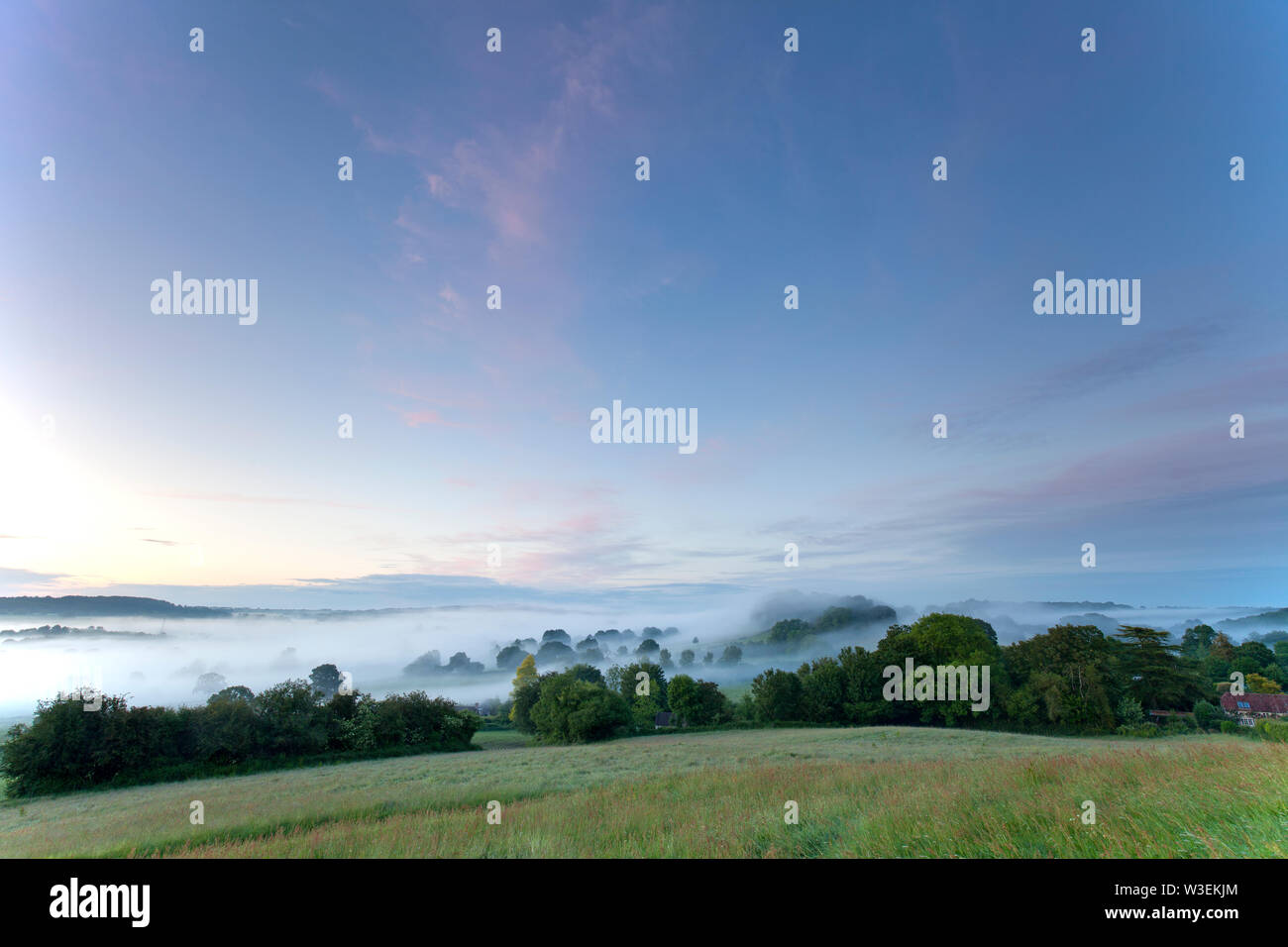 A layer of mist in the Nadder Valley at Sutton Mandeville in Wiltshire ...