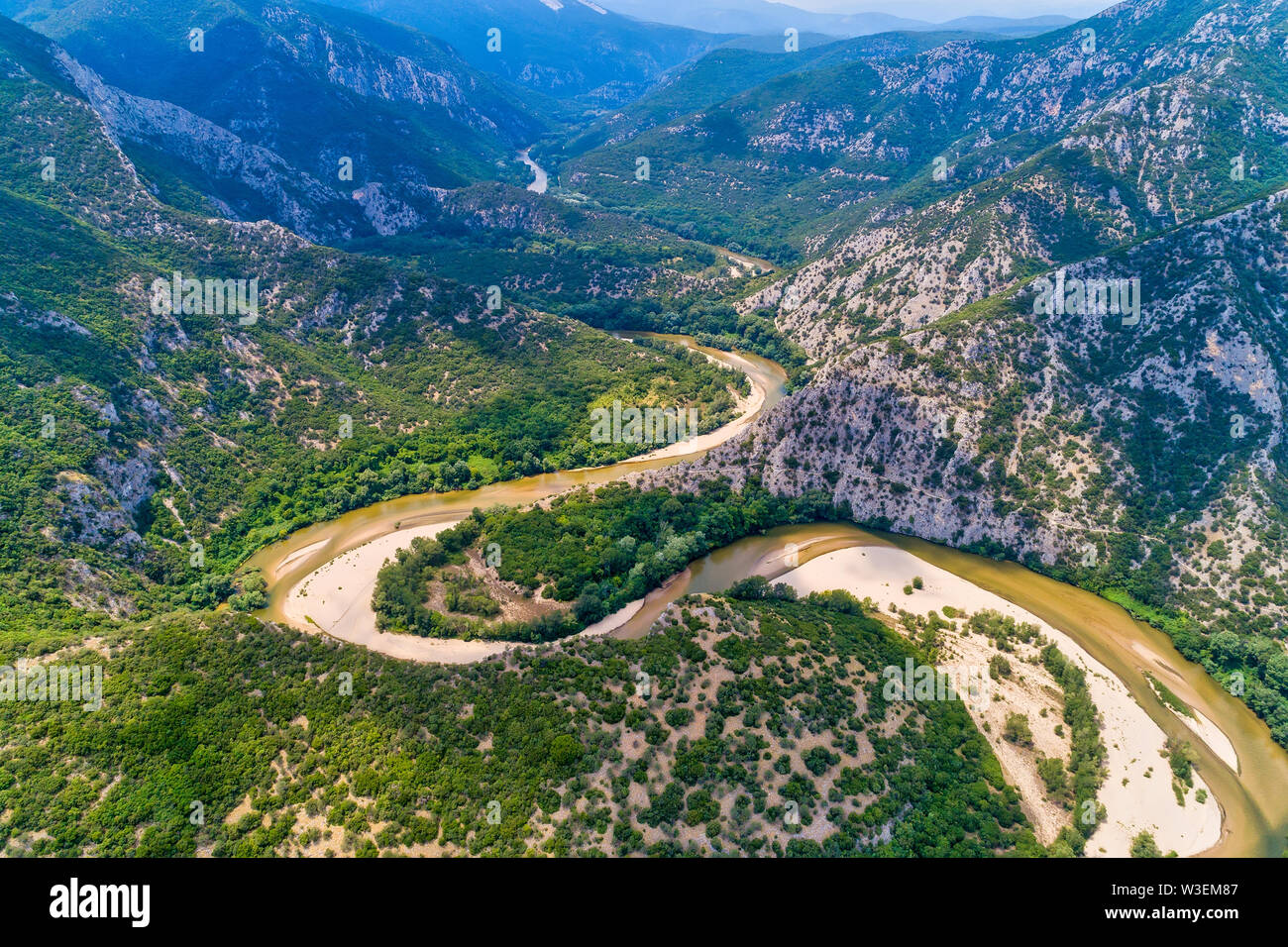 Aerial view of the river Nestos in Xanthi, Greece. The Nestos River ...