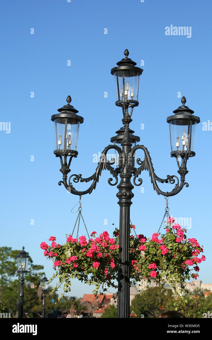 Ornate Restored British Street Lamp Painted Black with Hanging Baskets ...