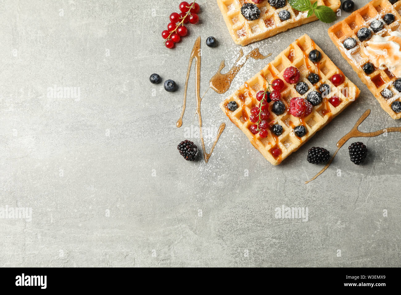 Flat lay composition with sweet belgian waffles, space for text Stock ...
