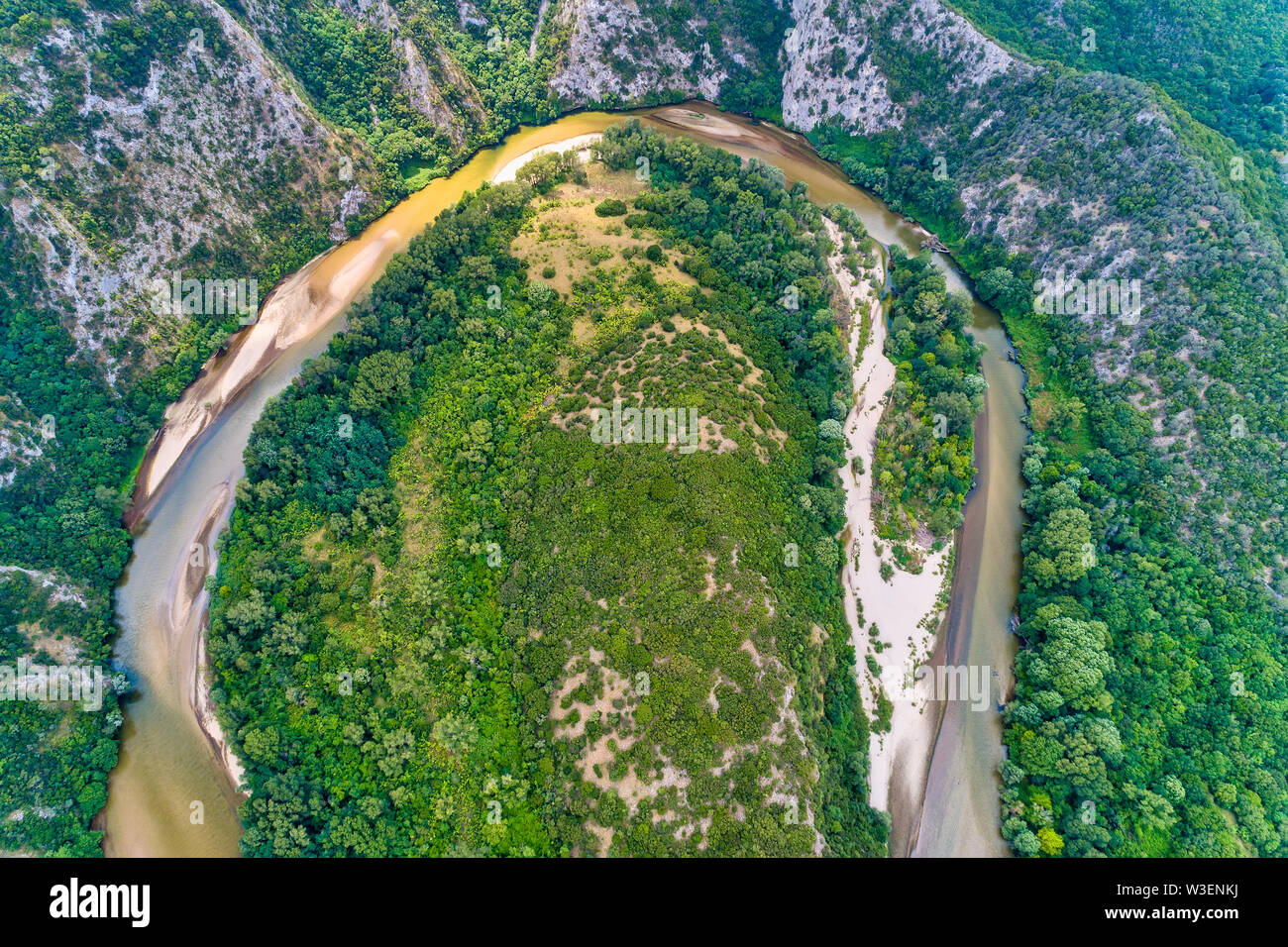Aerial view of the river Nestos in Xanthi, Greece. The Nestos River ...