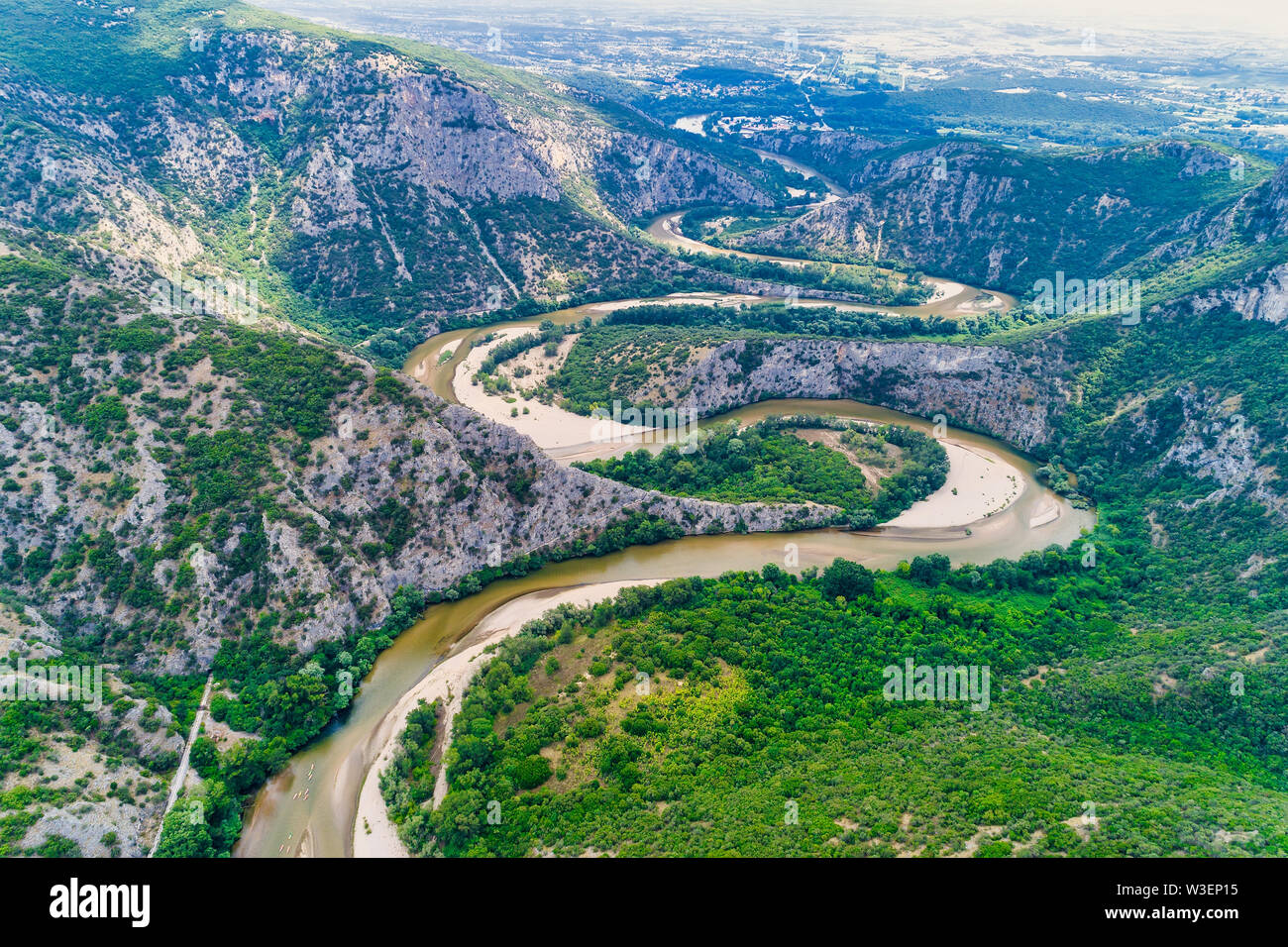 Aerial view of the river Nestos in Xanthi, Greece. The Nestos River ...