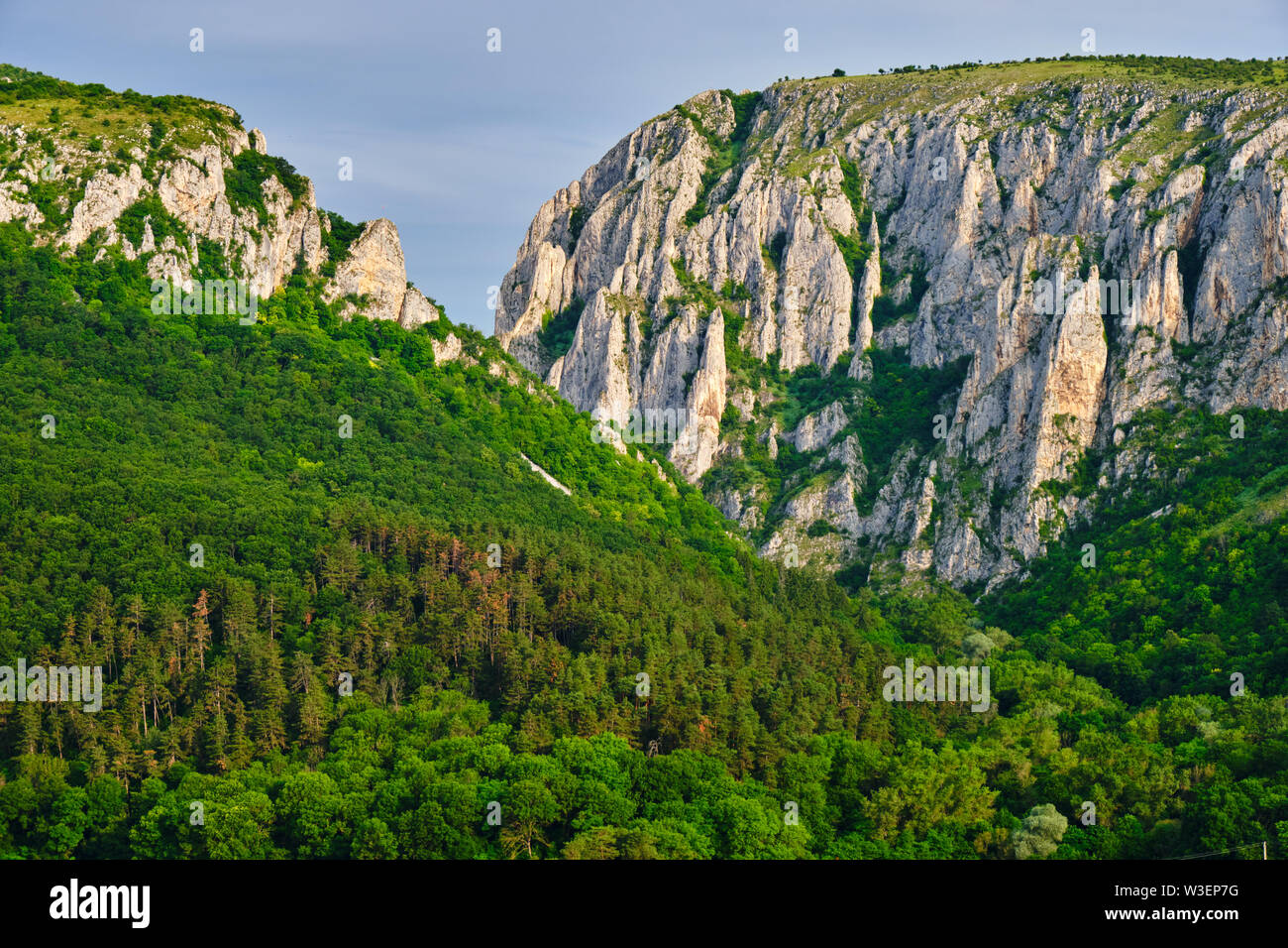 Turda Gorge (Cheile Turzii) entrance with massive, tall, rock walls ...