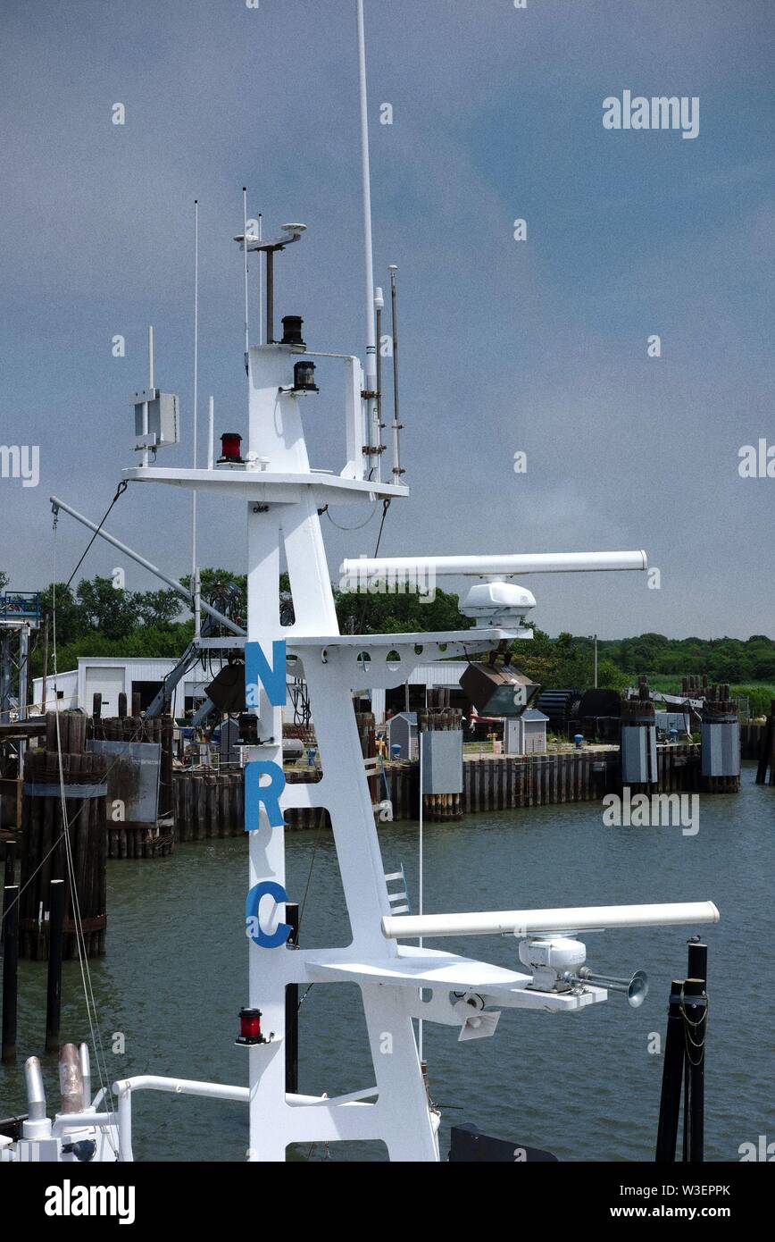 Radar antennas on ship docked near the Cape May-Lewes Ferry at Cape May ...