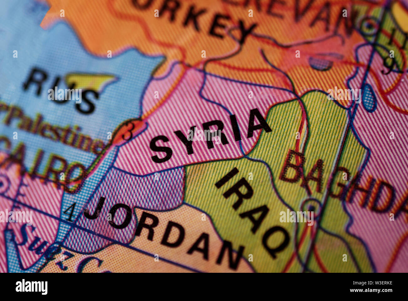 Close up focus to the country of Syria on a colorful world globe for ...