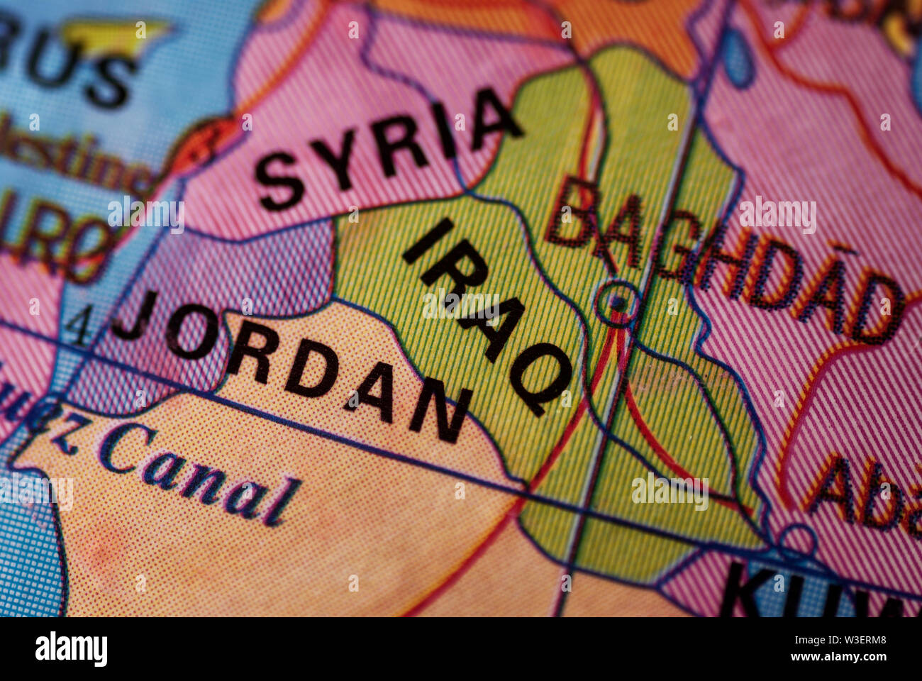 Selective close up focus to the countries of Iraq and Jordan on a ...