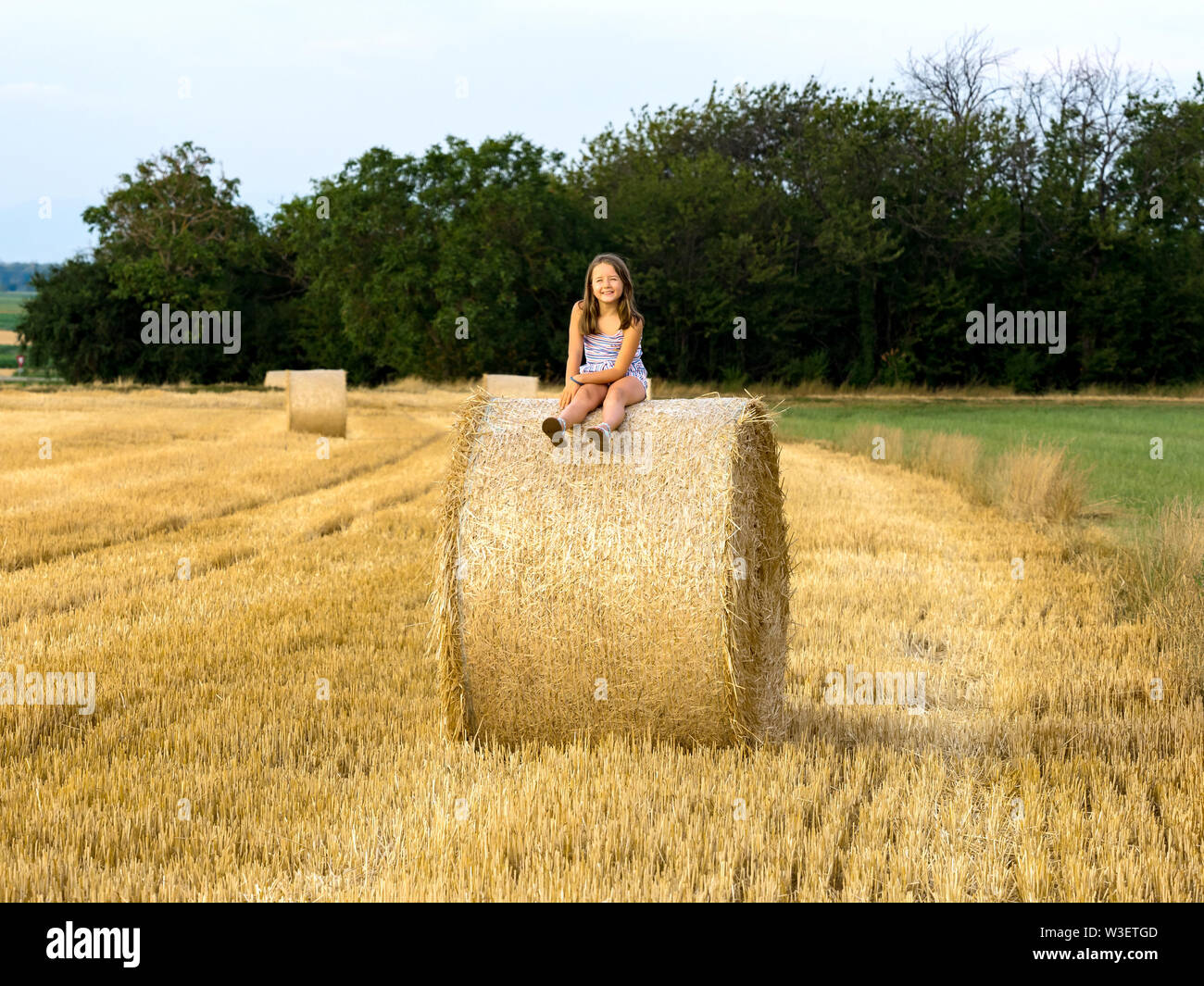 The little girl sits on a haystack in the twilight of day, Alsace ...