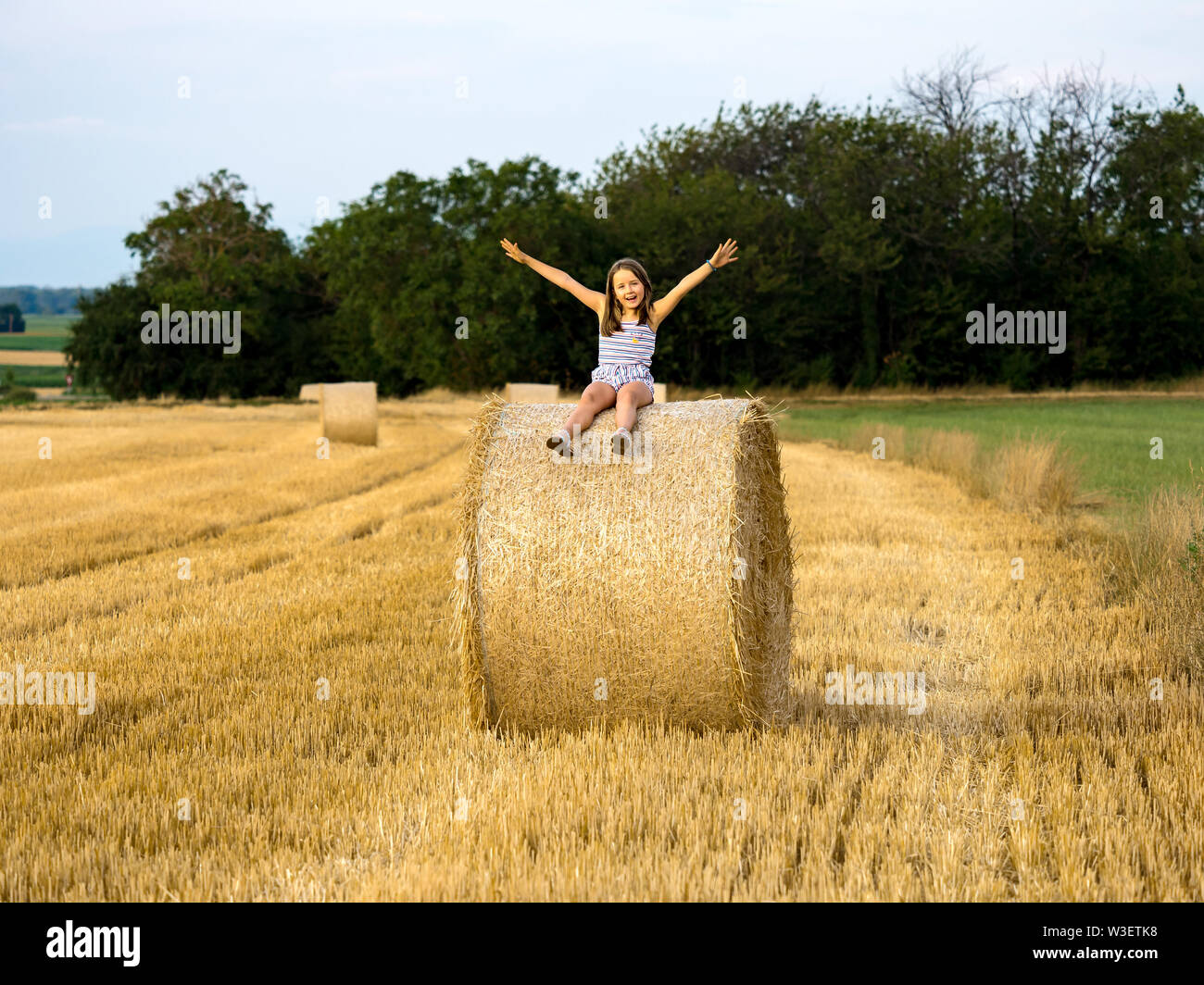The little girl sits on a haystack in the twilight of day, Alsace ...