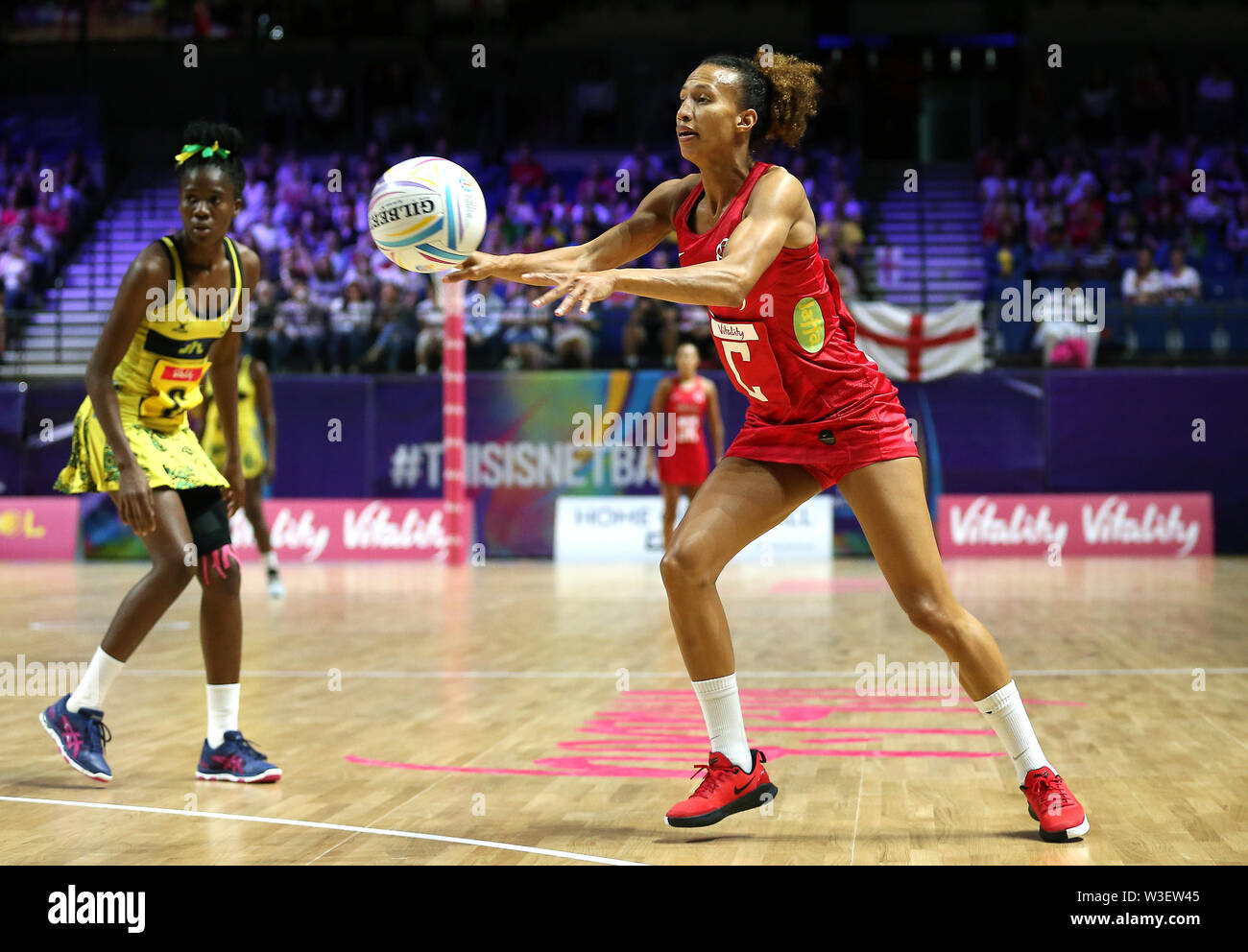 England's Serena Guthrie (right) in action during the netball World Cup ...