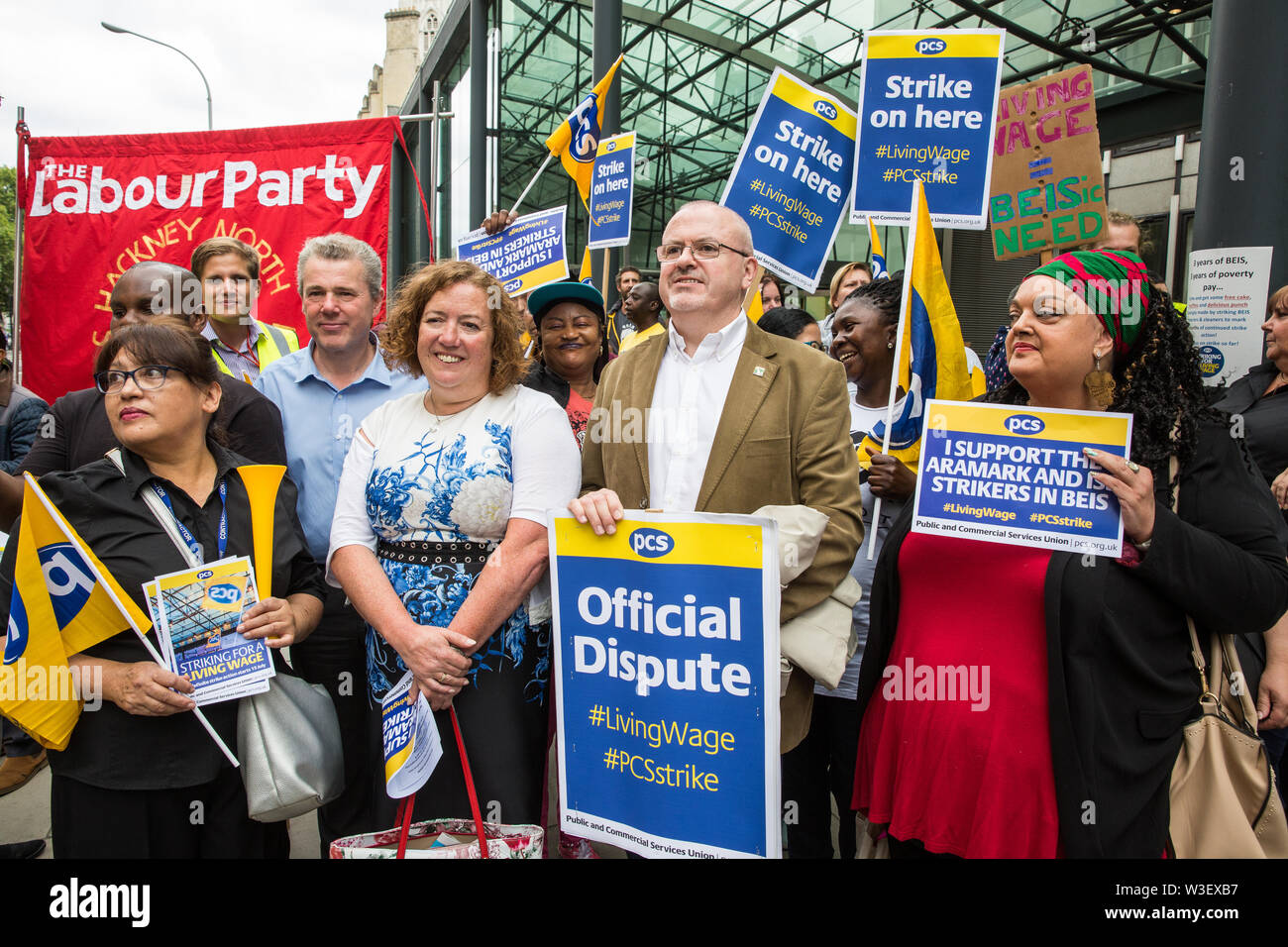London, UK. 15 July, 2019. Mark Serwotka, Fran Heathcote and Zita ...