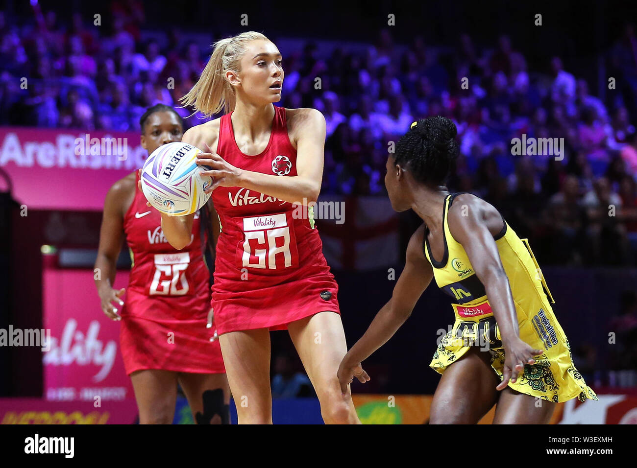 England's Helen Housby (left) during the Netball World Cup match at the M&S Bank Arena ...
