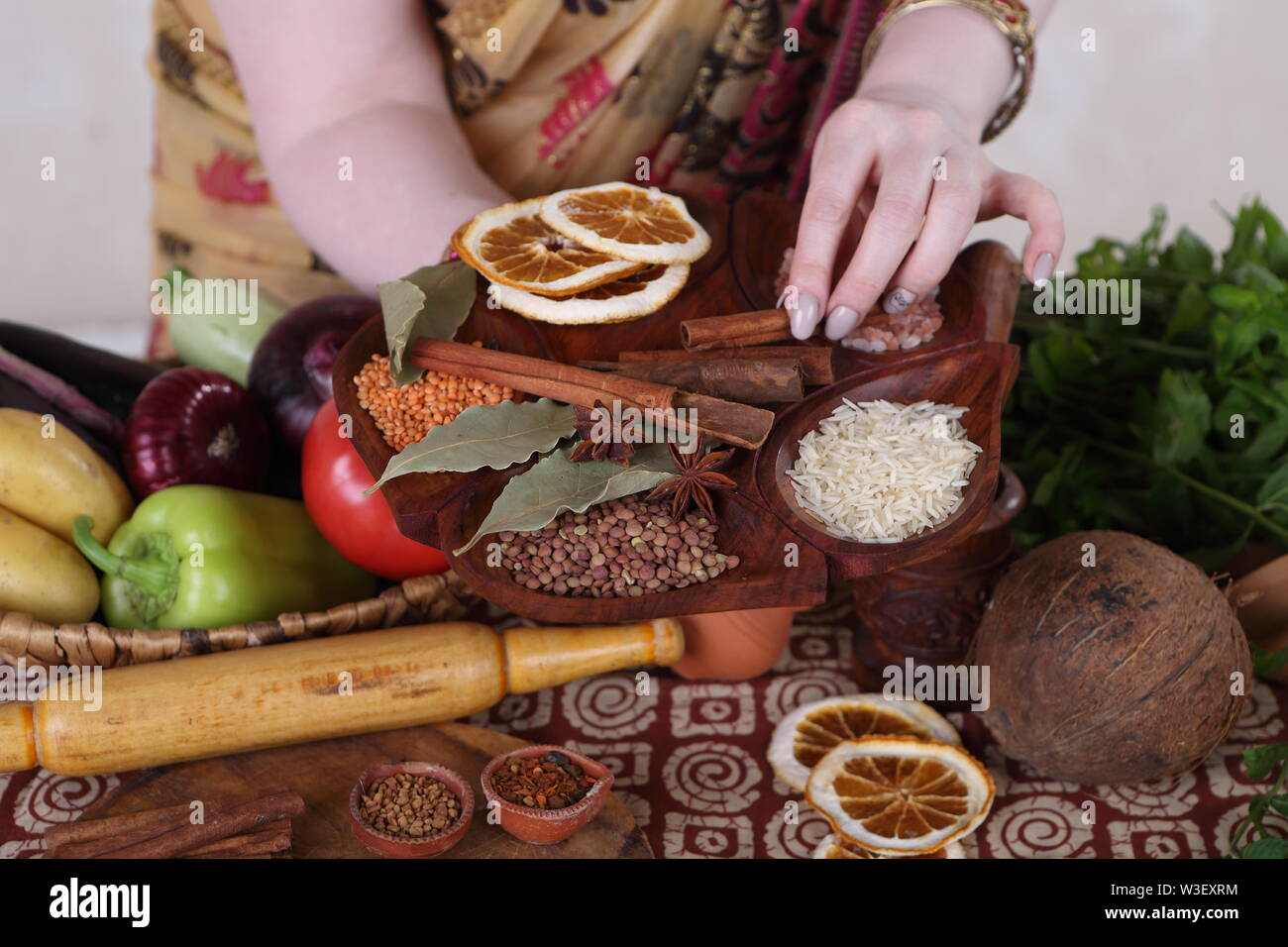 Ingredients and Indian spices on the kitchen table Stock Photo - Alamy