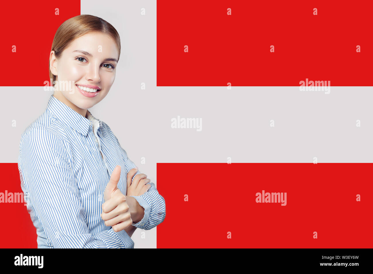 Travel and learn danish language concept. Happy Smiling woman student ...