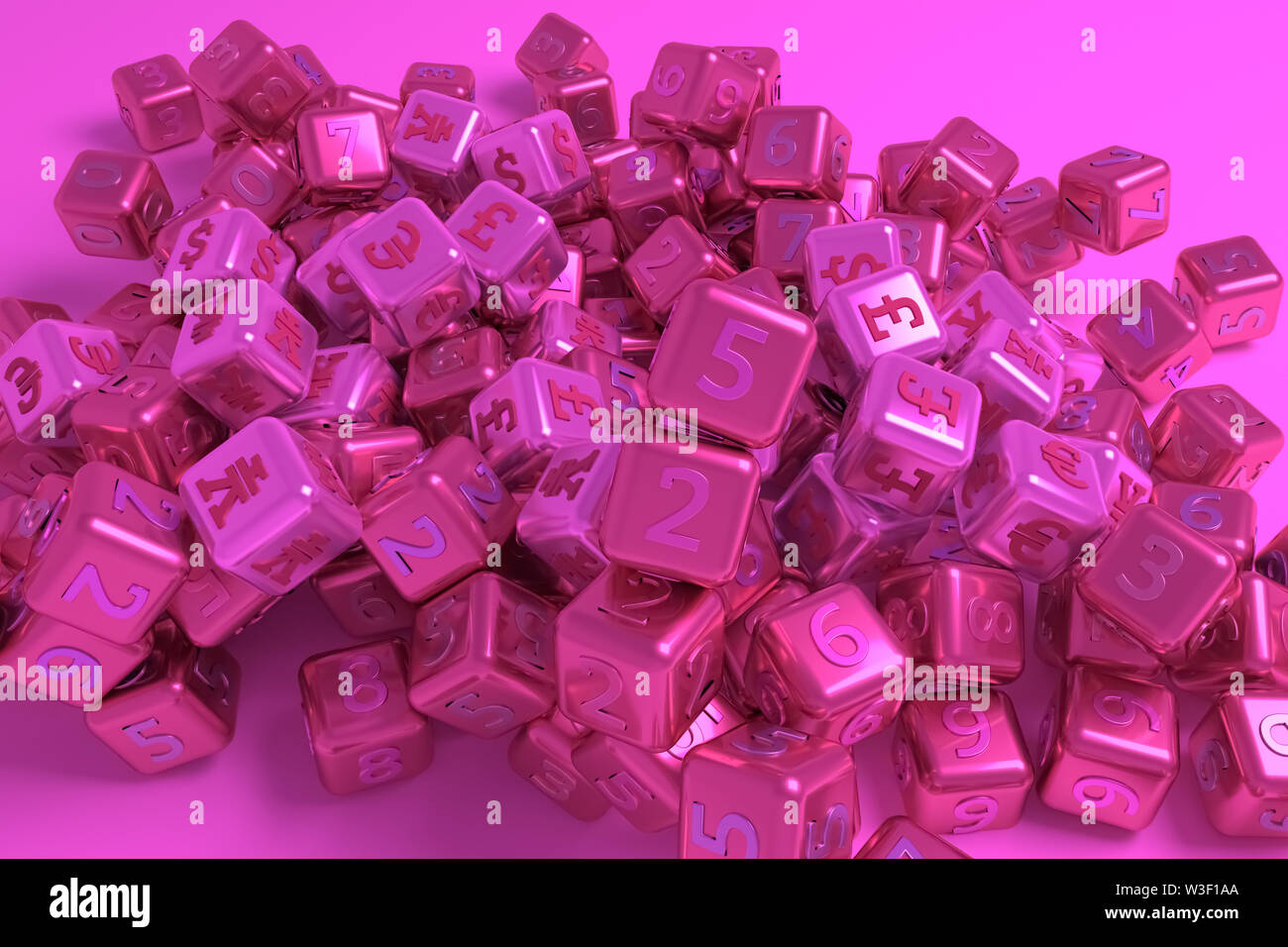 Business finance, number and currency sign or symbol, cube or block ...