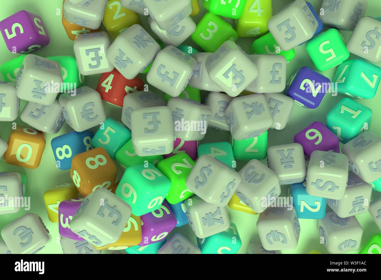 Business finance, number and currency sign or symbol, cube or block ...