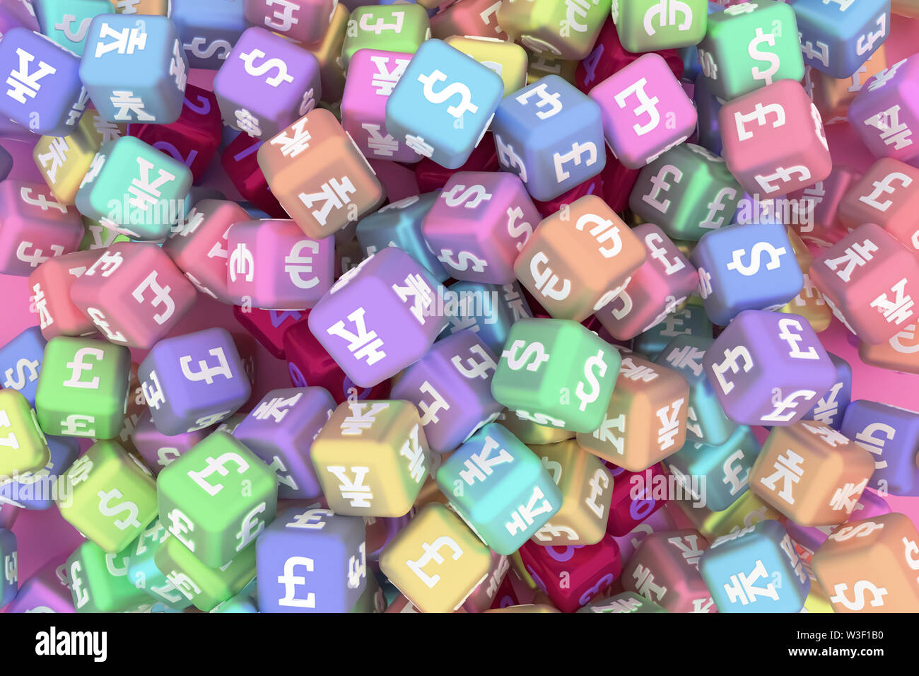 Business finance, number and currency sign or symbol, cube or block ...