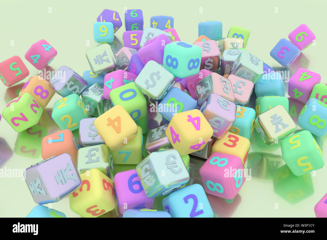 Business finance, number and currency sign or symbol, cube or block ...