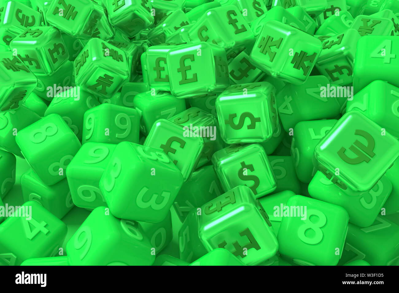 Business finance, number and currency sign or symbol, cube or block ...