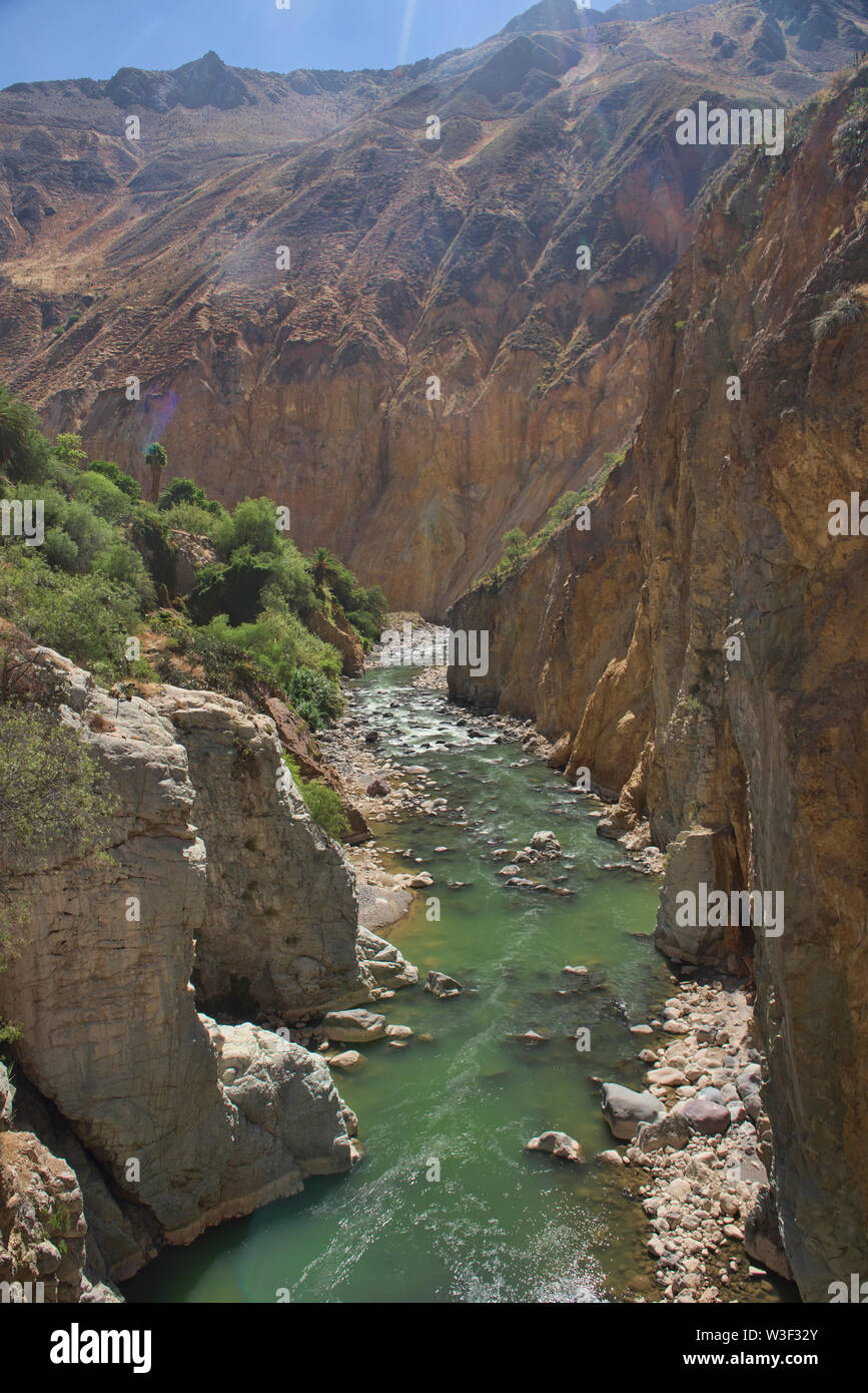 The Colca River running through the immense Colca Canyon, Peru Stock ...