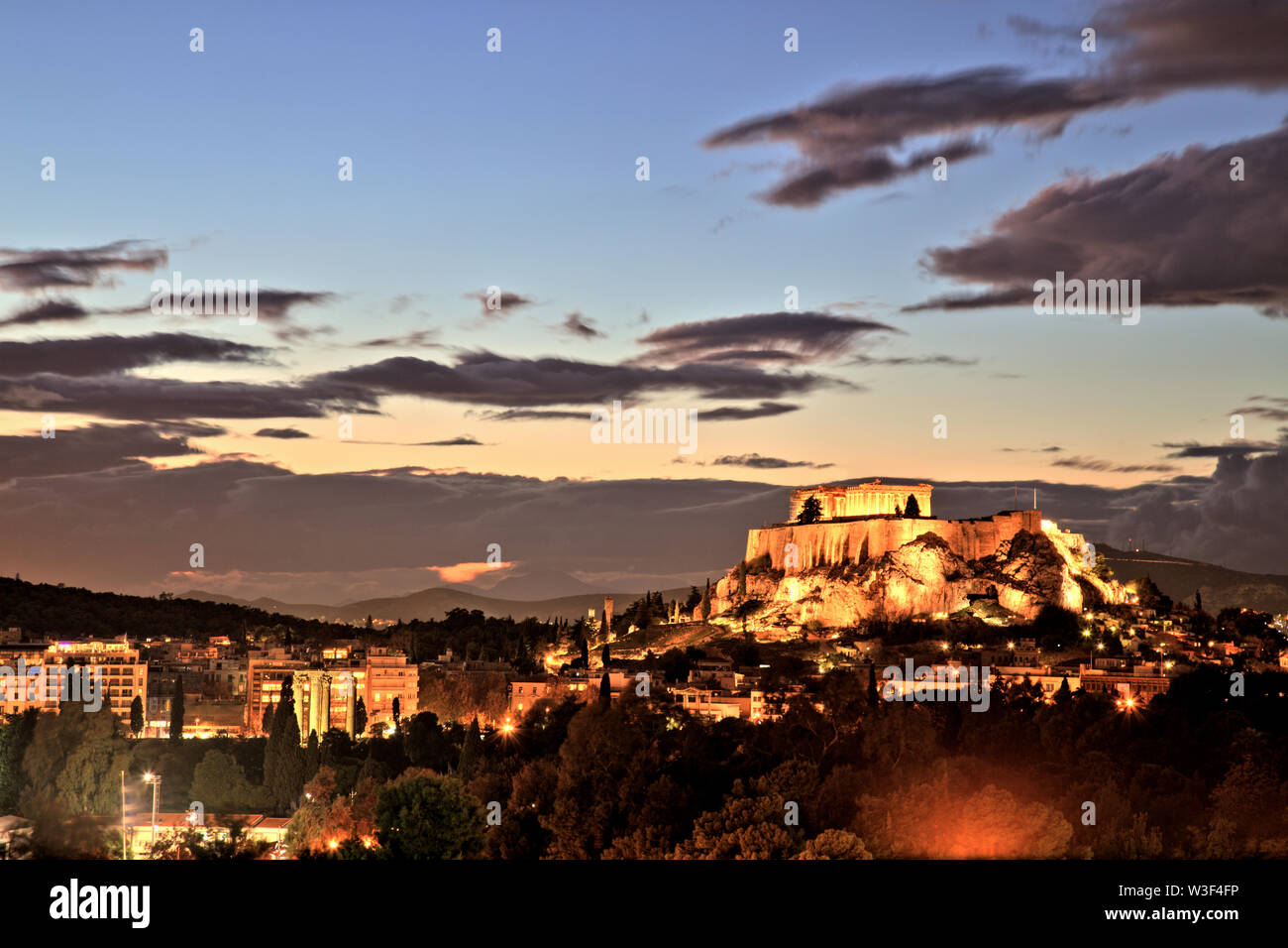 Illuminated Acropolis in Athens, Greece at dusk Stock Photo - Alamy