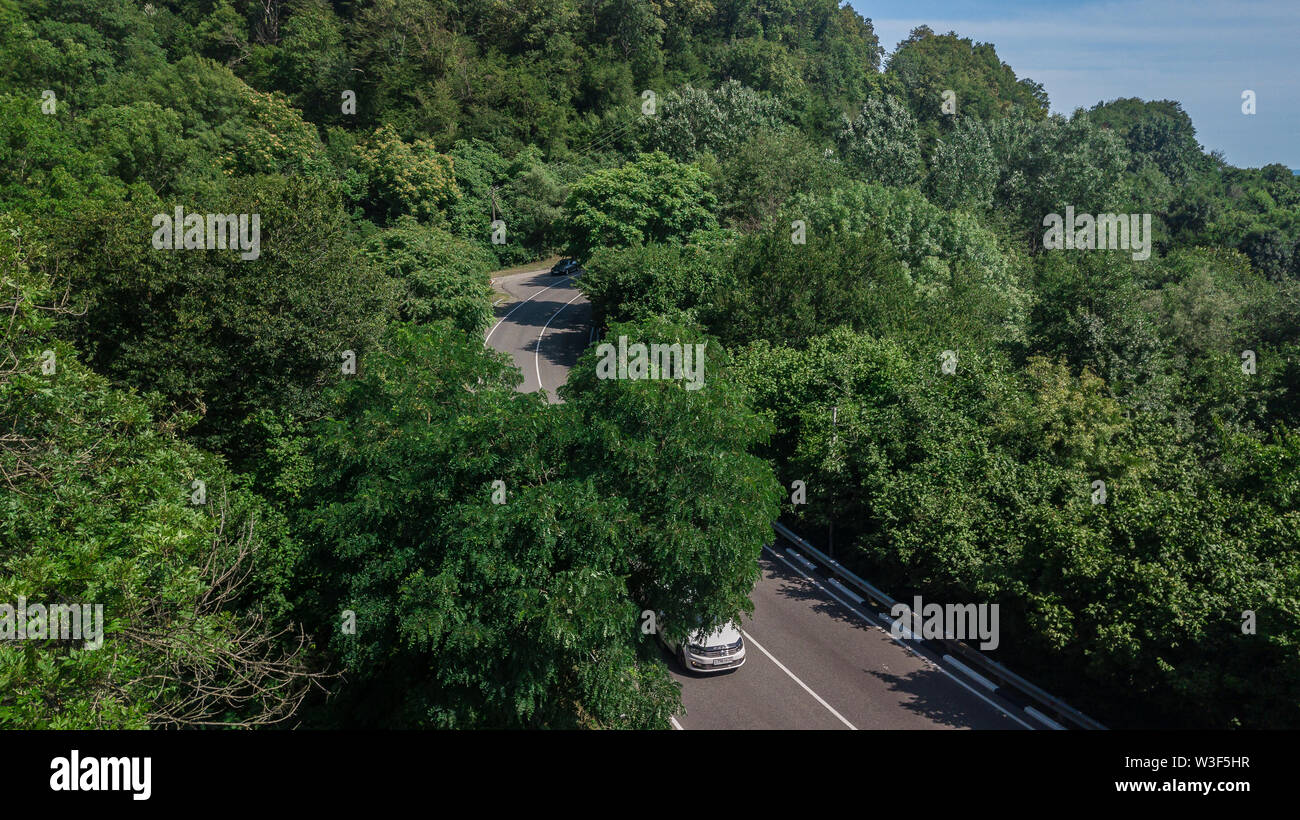 Birds Eye View - winding road from the high mountain pass in Sochi ...