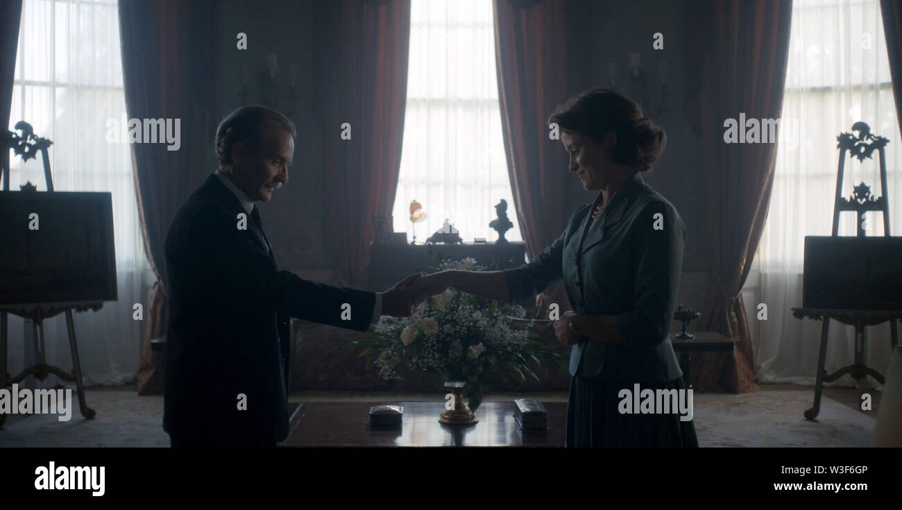 London.UK. Anton Lesser as Harold Macmillan and Claire Foy as Queen ...