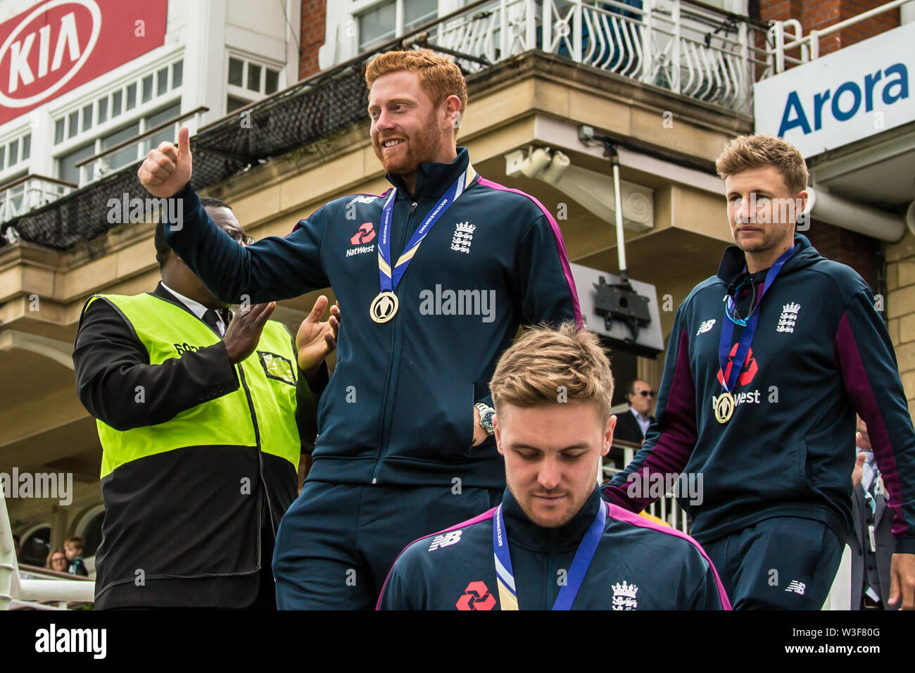 London, UK. 15 July, 2019. Jason Roy, Jonny Bairstow and Joe Root come ...
