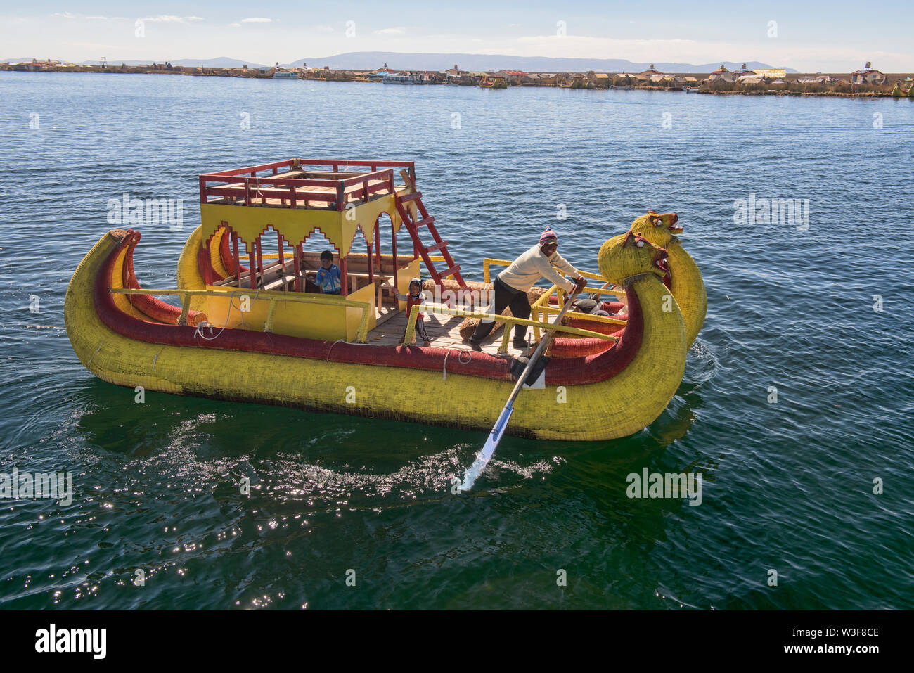 Traditional reed boat of the Uros islands, Lake Titicaca, Puno, Peru ...