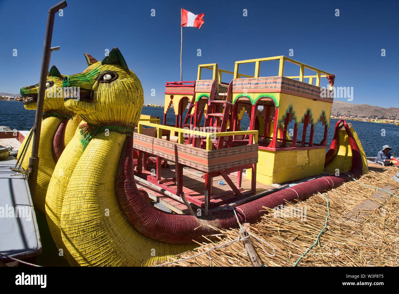 Traditional reed boat of the Uros islands, Lake Titicaca, Puno, Peru ...