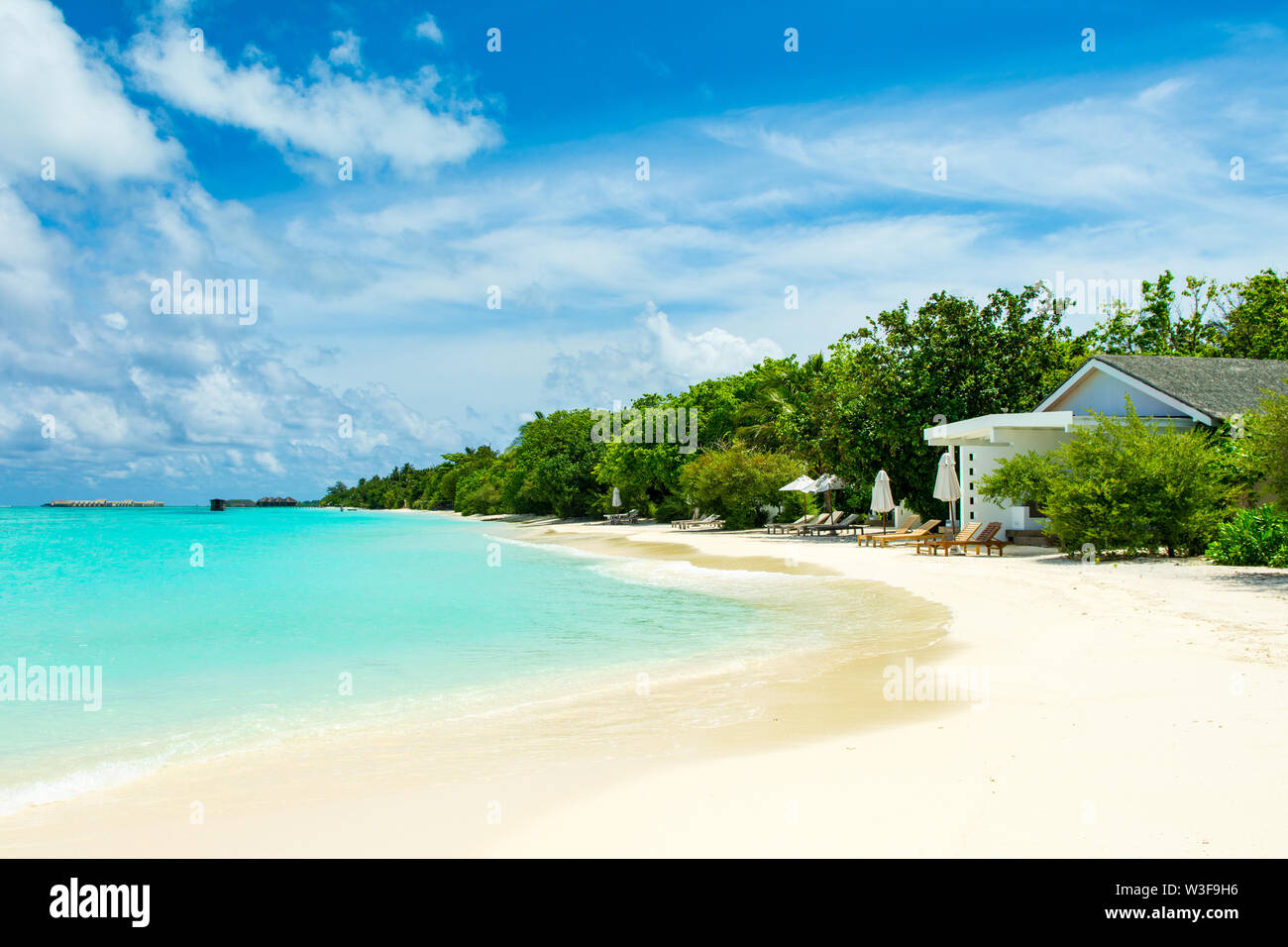 The beautiful landscape of the deserted Indian Ocean beach, shaded by ...