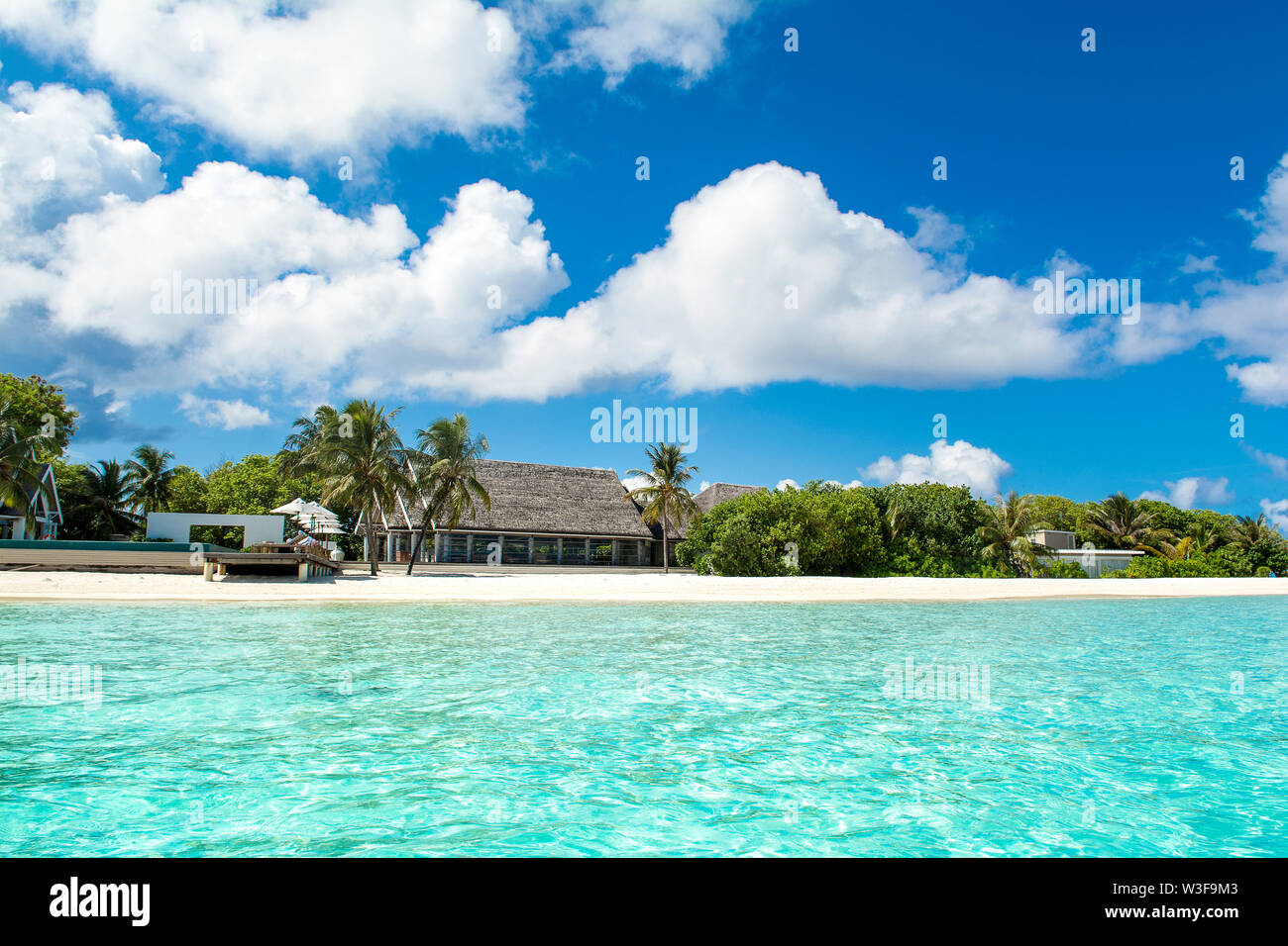 Beautiful sandy beach with sunbeds and pool in Indian ocean, Maldives ...