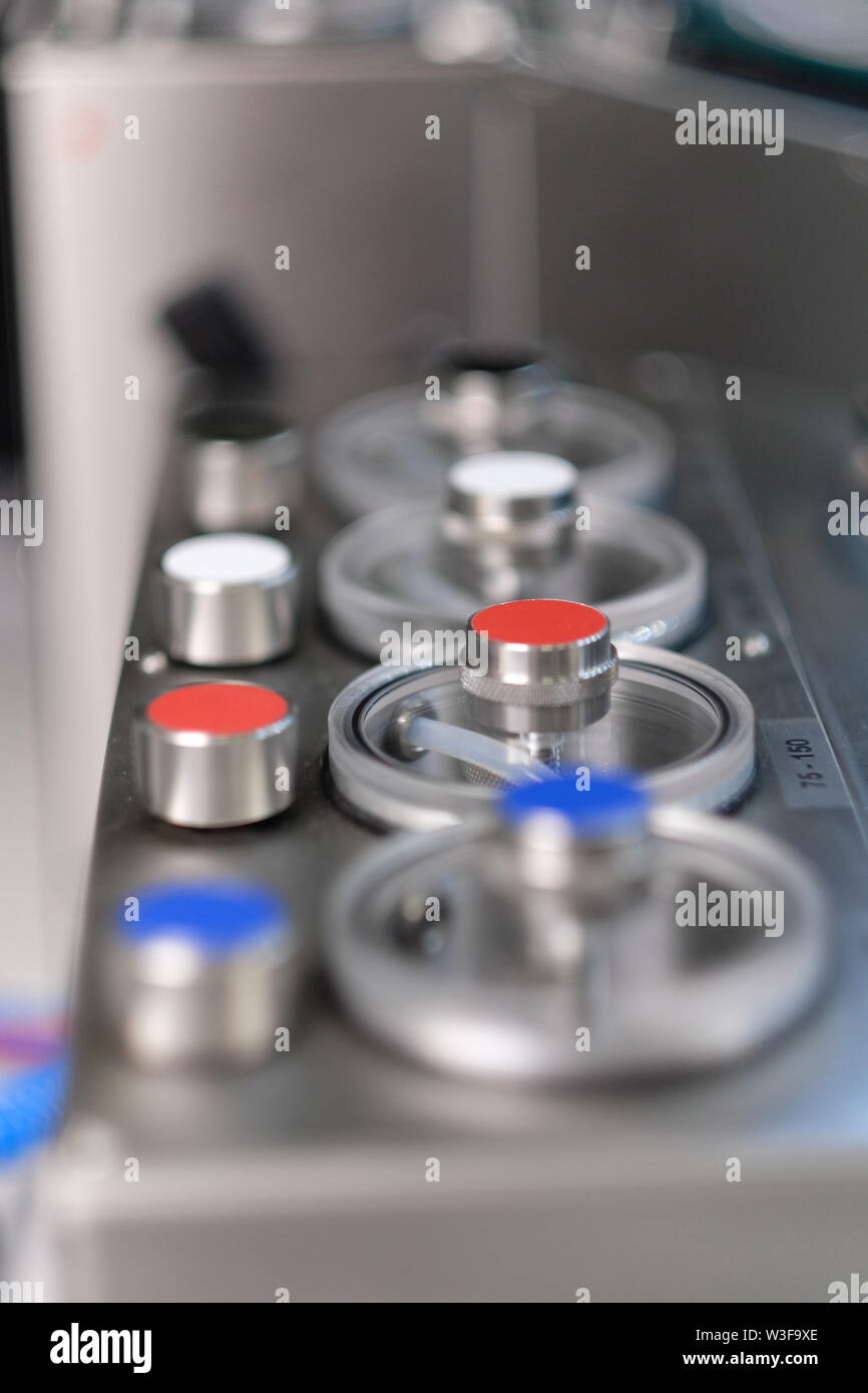 Handles of medical equipment management, marked with different colors ...
